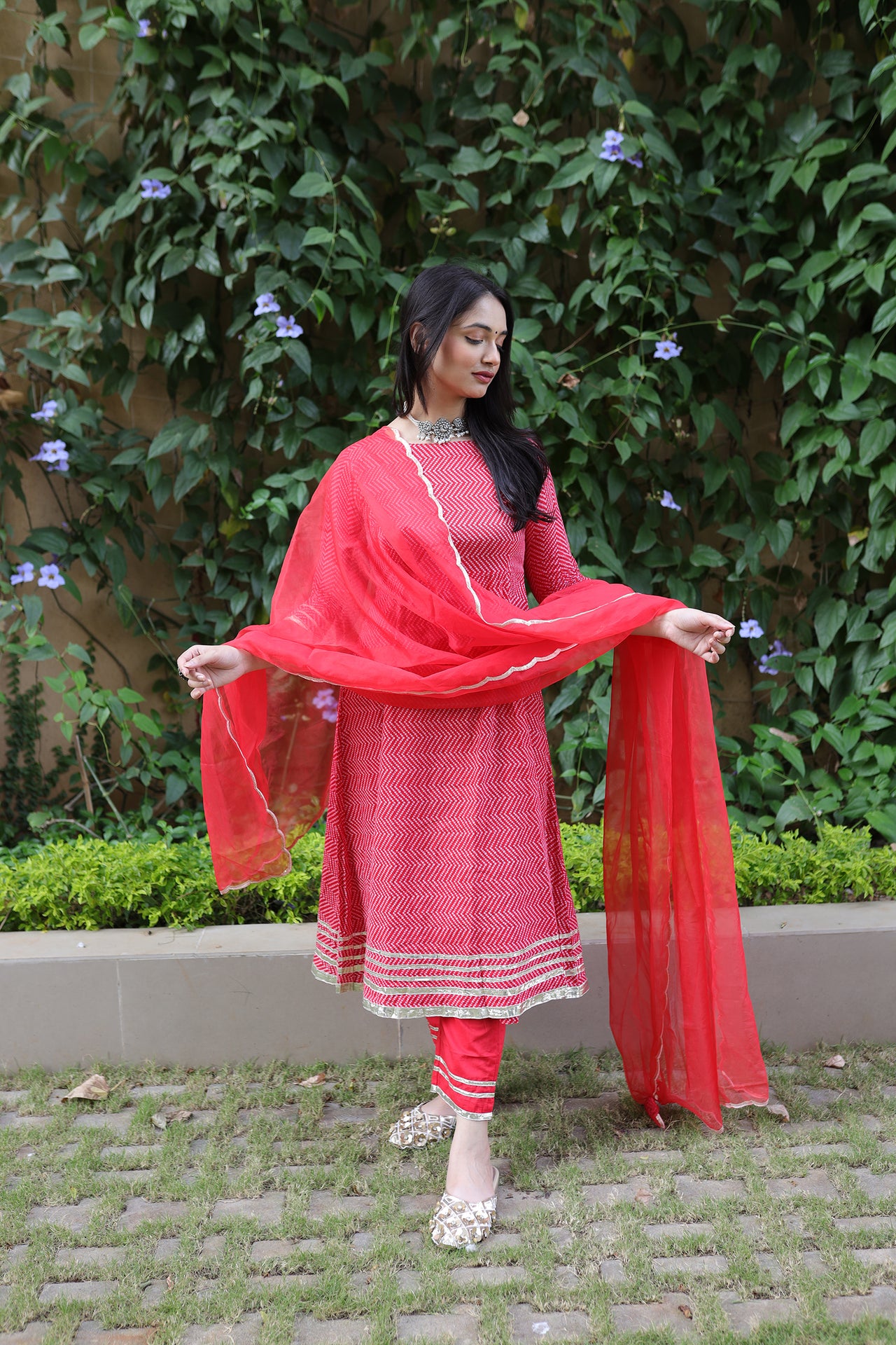 Anarkali Suits: Shop Gulabi Bandhej anarkali suit set - Kahva Jaipur