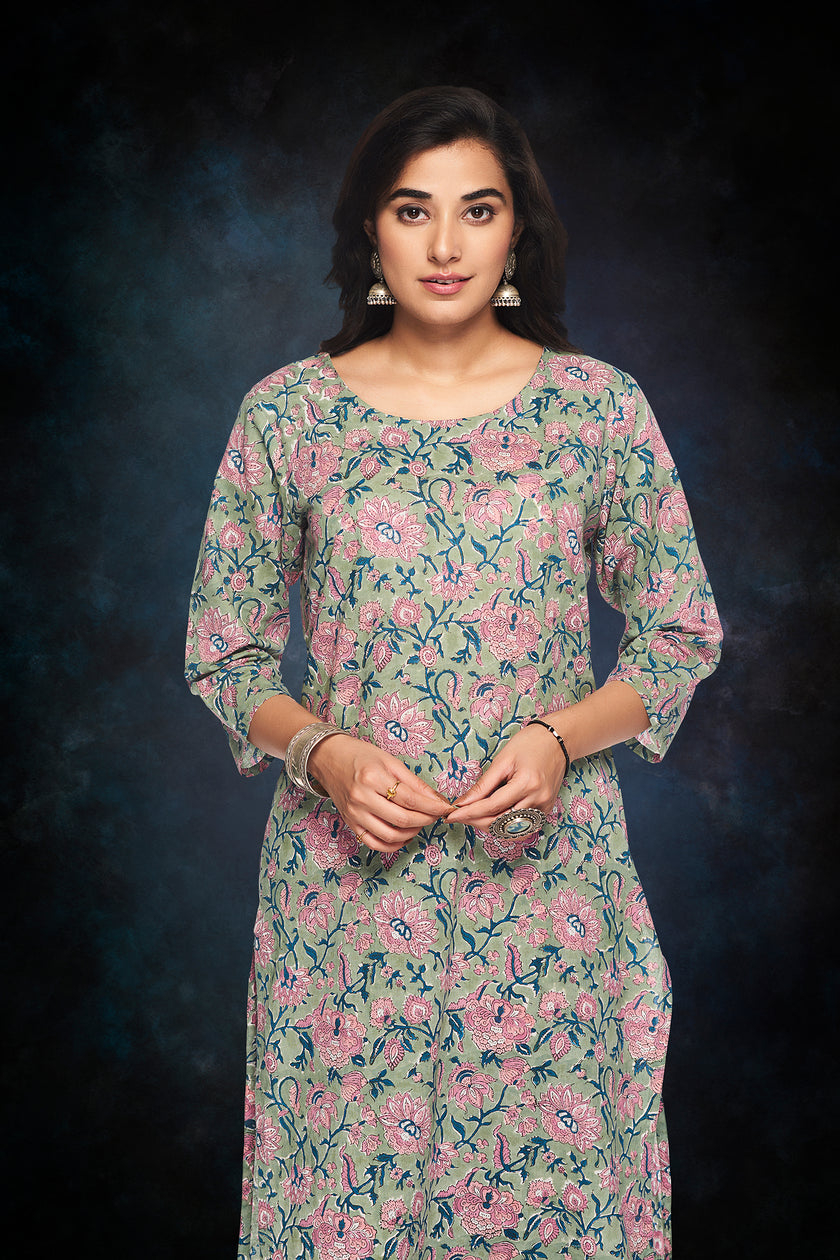 Suit Set: Buy Green Floral Suit Dupatta Set - Kahva Jaipur